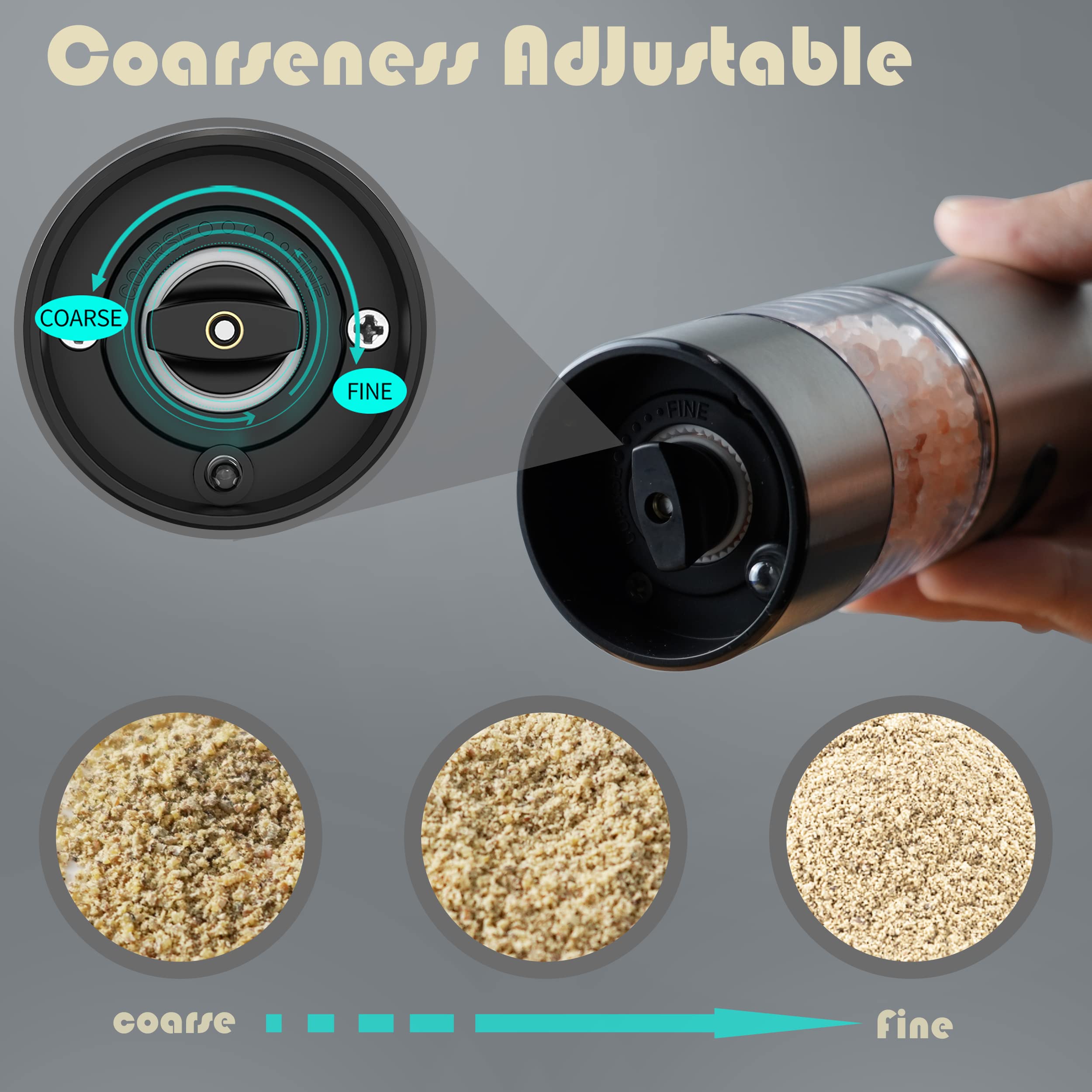 CocoMeiwei Salt and Pepper Grinder Set, Electric Pepper Grinder 2 Pack USB Rechargeable,Stainless Steel Push-button Pepper Mill, Adjustable Coarseness, One Hand Automatic Salt and Pepper Grinder