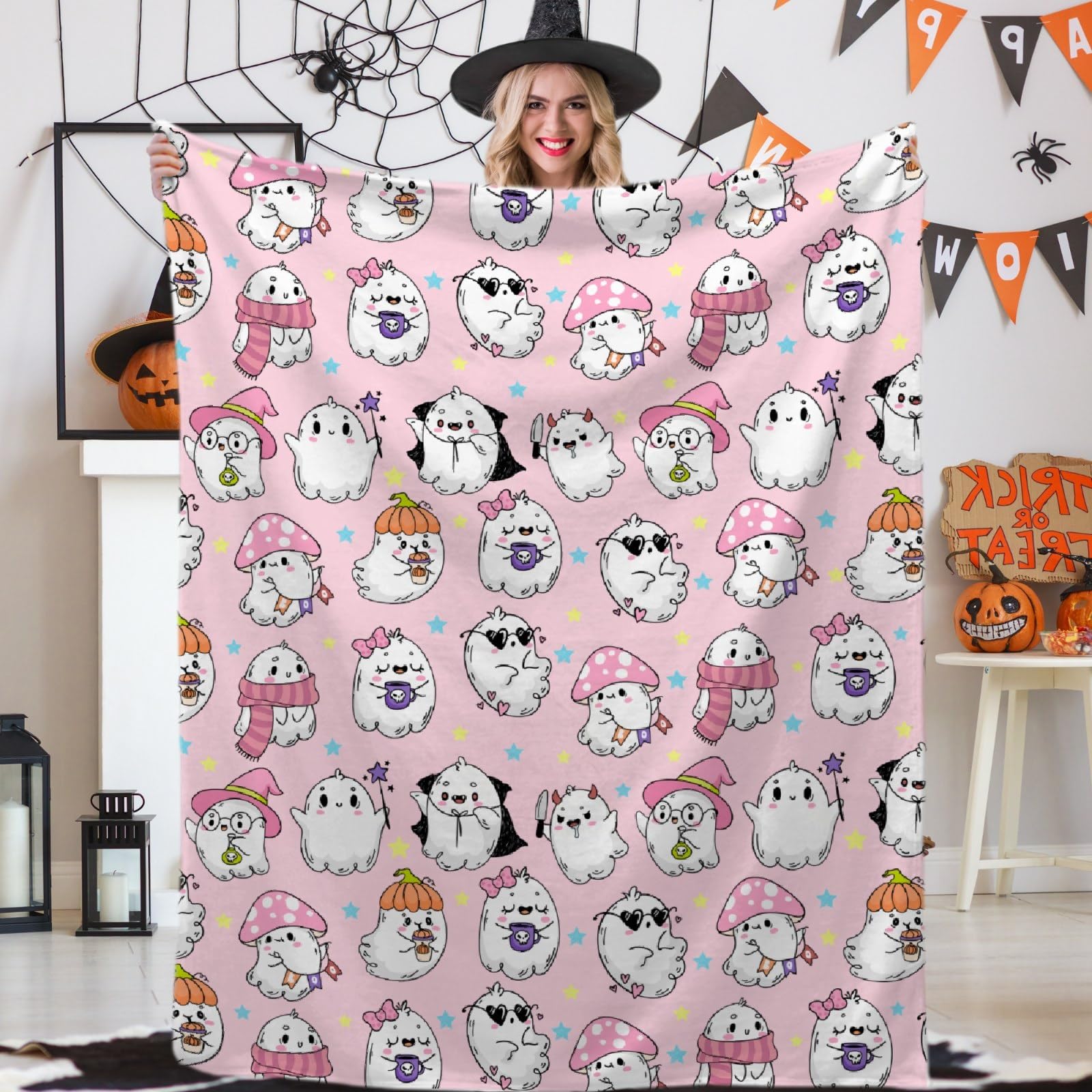 Halloween Blanket Cute Halloween Cute Ghosts Throw Blanket Gift for Girls Kids Halloween Ghost Decor Stuff 40"x50" for Halloween Decoration Cozy Soft Lightweight Bedding
