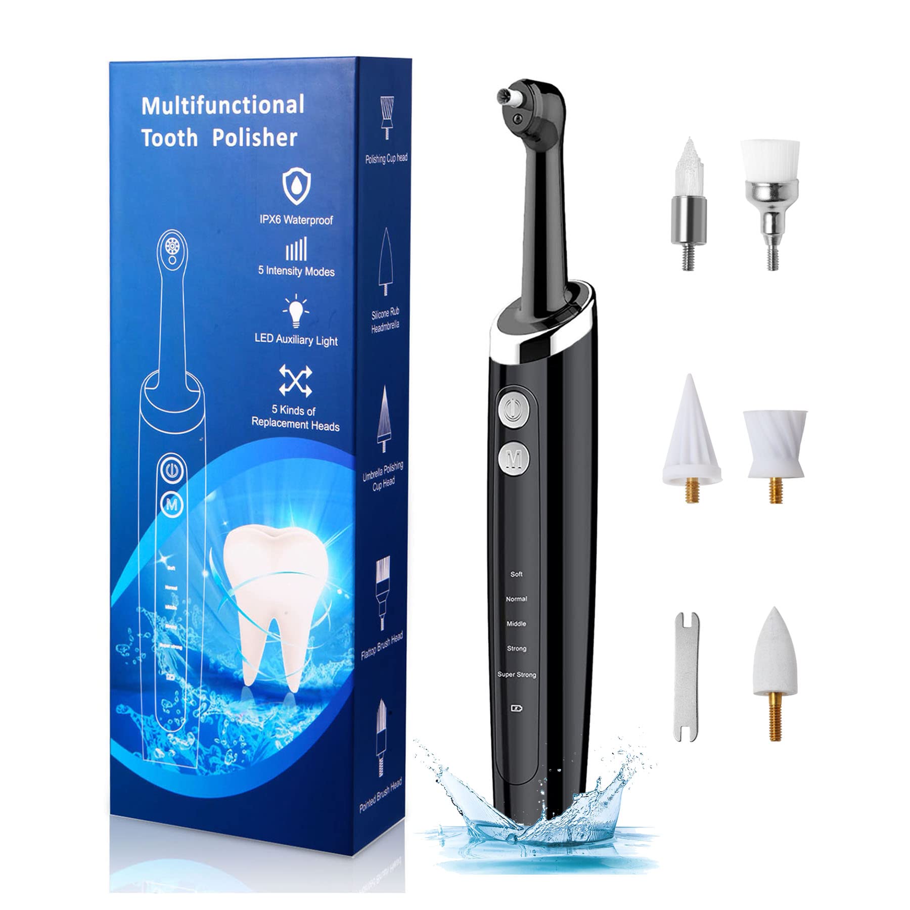 Electric Tooth Polisher, Tooth Whitening Kit for Teeth Whitening and Daily Care Cleaning, USB Rechargeable, Waterproof, Multifunctional Replacement Head (Black)
