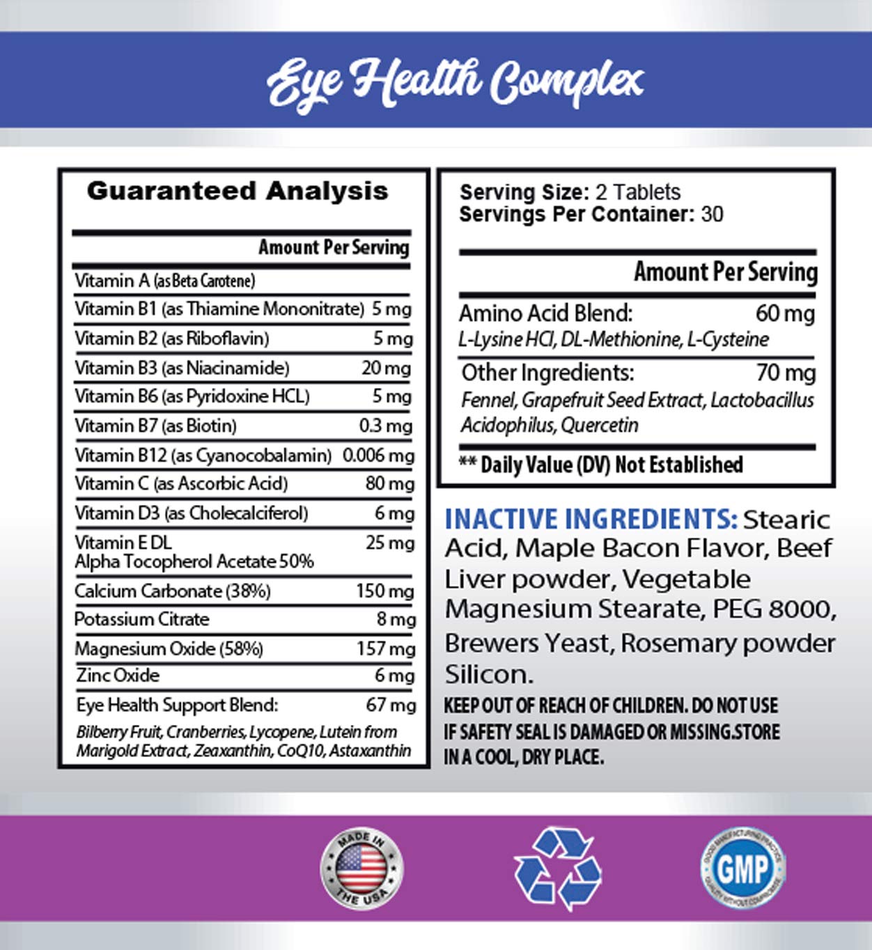 PET SUPPLEMENTS cat Eye Vitamins - Cats Eye Health Complex - Advanced Formula for Eye Sight - Immune Boost - cat astaxanthin - 1 Bottle (60 Tablets)