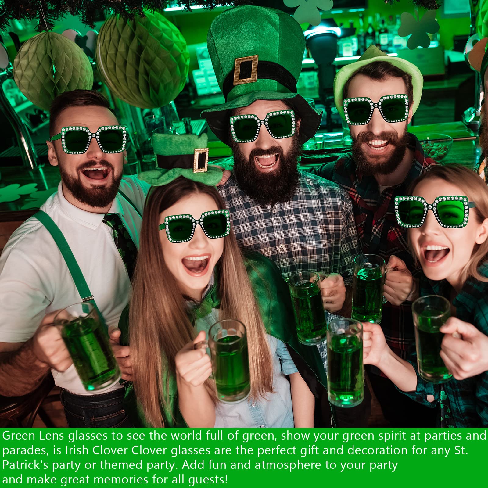 Ecally 3 Pairs St. Patrick's Day Glasses Green Square Rhinestone Sunglasses Oversized Disco Sunglasses Accessories for Women Men Irish Day Party Gift