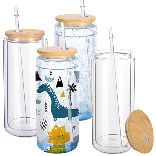 YOUKE OLA 4 Pack Double Wall Glass Cans Blank with Bamboo Lid & Straws, Pre Drilled Beer Can Glass for Snow Globe glitter (Clear 16oz