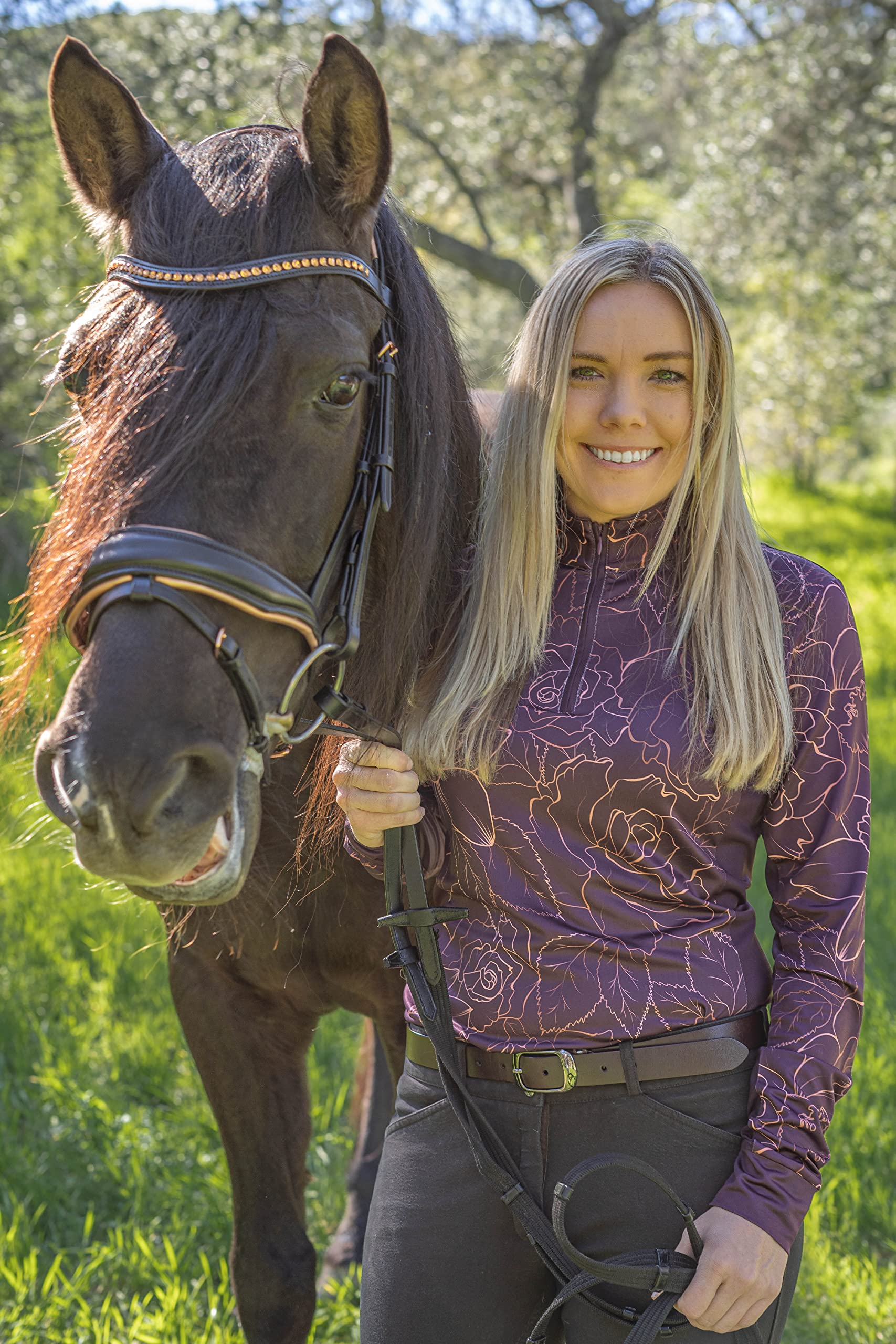 Equestrian Baselayer Long Sleeved Women's Horse Riding Sun Shirt (as1, Alpha, m, Regular, Regular, Plum Roses)