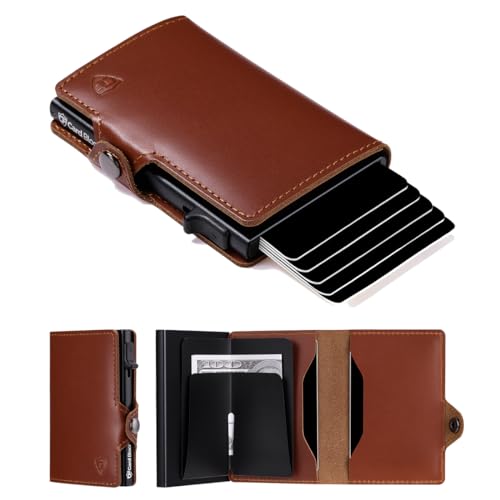 Conceal Plus Wallet for Men, Pop Up Wallet Credit Card Holder - RFID Blocking, Slim Minimalist Credit Card Case (Brown Genuine Leather)