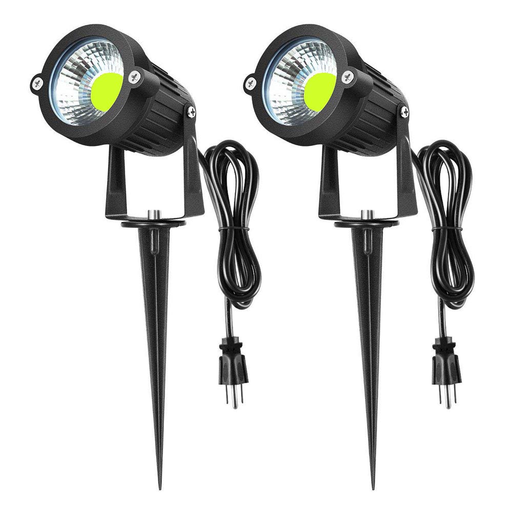 WeLead Bright LED Spotlight 7W COB Pathway Lights with U.S. Plug Flag Spot Light Garden Light with Metal Ground Stake, Waterproof Landscape Lighting for Lawn, Driveway, Yard, Set of 2 (Cool White)