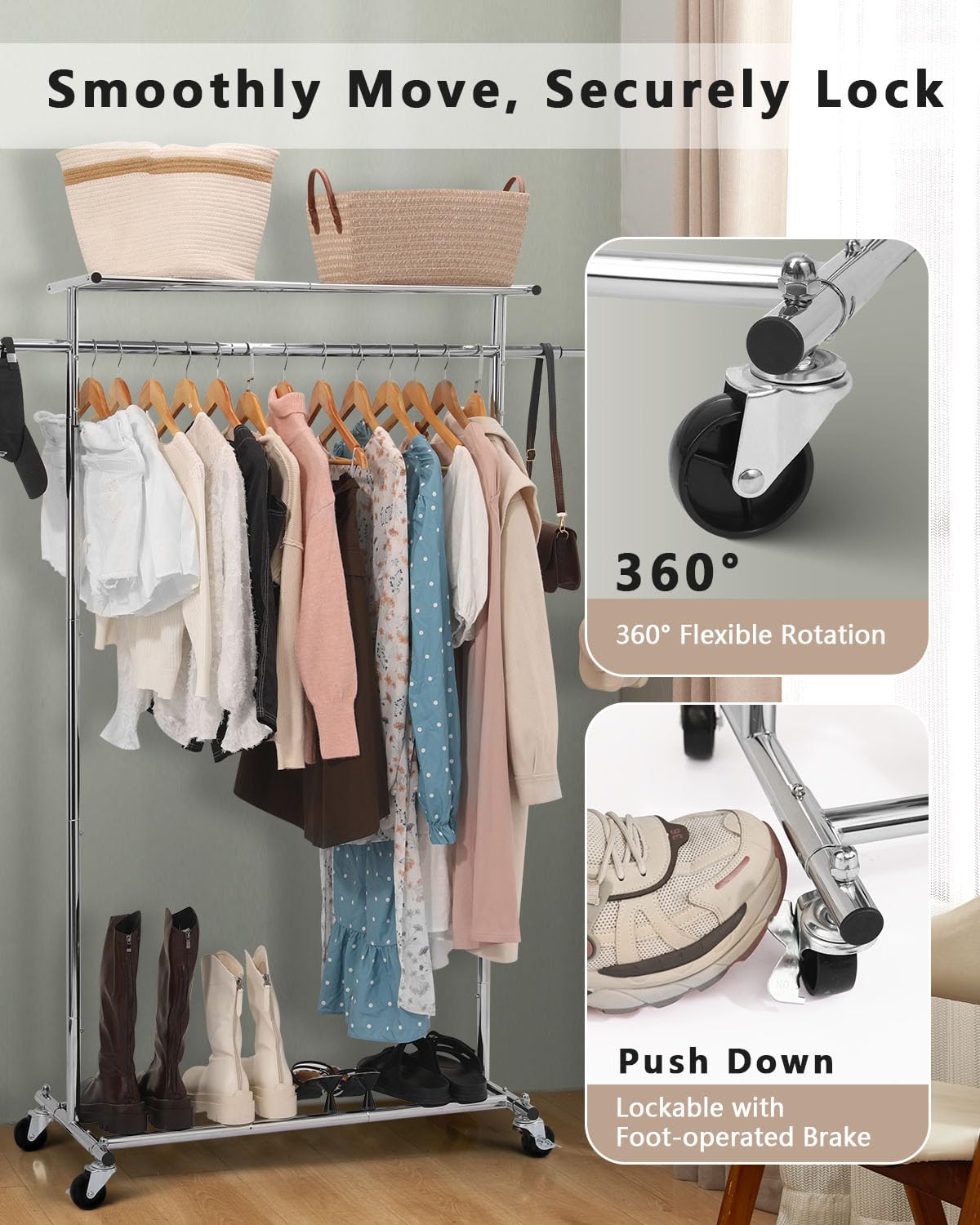 HOUSE AGAIN Clothes Rack on Wheels with Extra Top Storage Shelf, LARGE Rolling Garment Rack for Hanging Clothes, Heavy-duty Metal Clothing Rack Organizer for Bedroom, Living Room -Silver