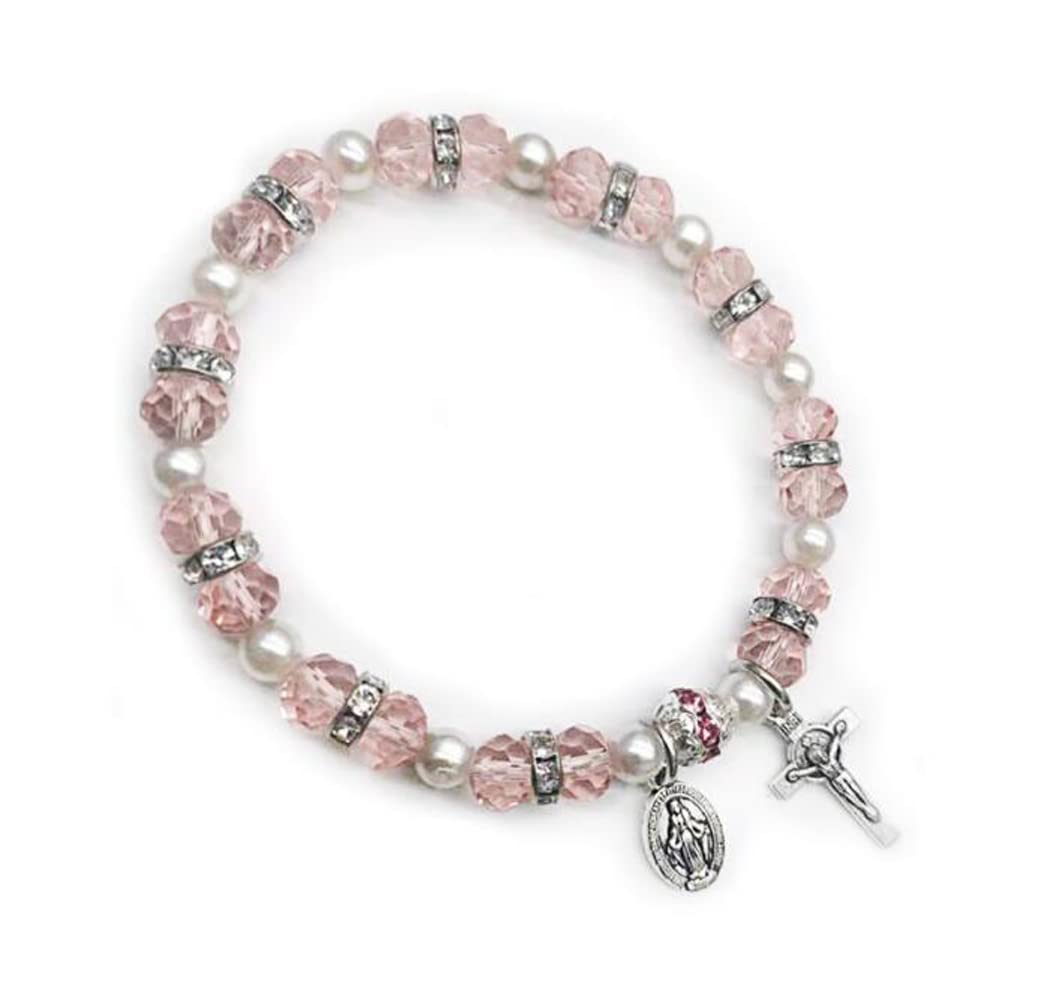 Crystal Cross Bracelet Elastic Beads Stretch Rosary Bracelet with Crucifix and Miraculous Medal for Women