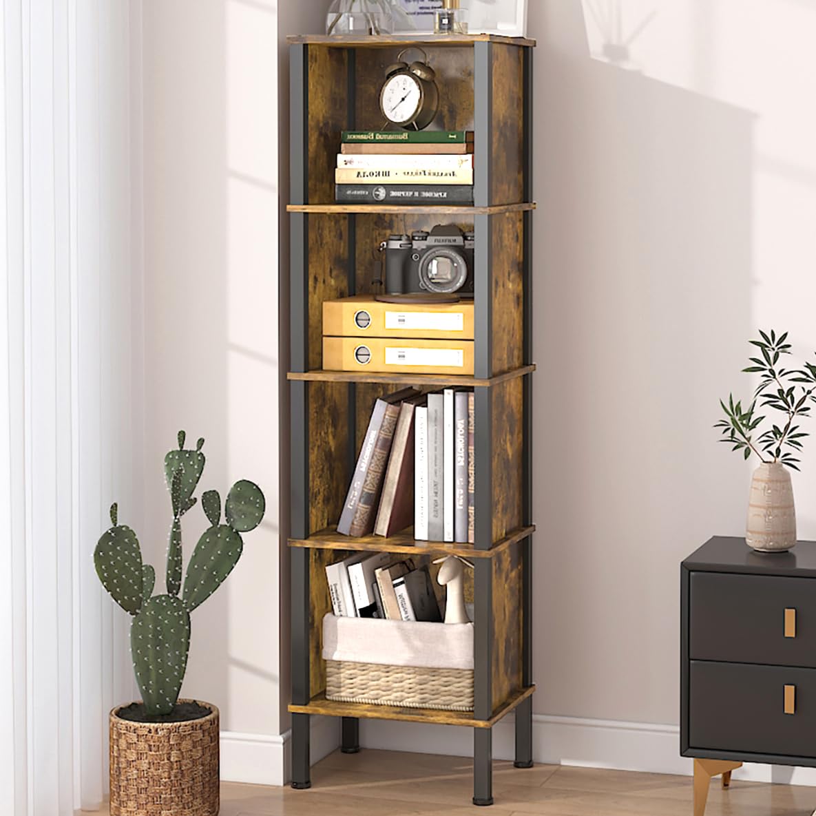LAATOOREE 5 Tier Narrow Bookshelf, 4 Cube Bookcase, Slim Corner Open Display Storage Shelf for Small Space, Living Room, Office, Bedroom