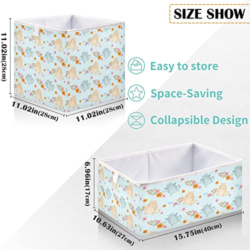 visesunny Closet Baskets Cute Cartoon Fat Cat and Flower Storage Bins Fabric Baskets for Organizing Shelves Foldable Storage Cube Bins for Clothes, Toys, Baby Toiletry, Office Supply