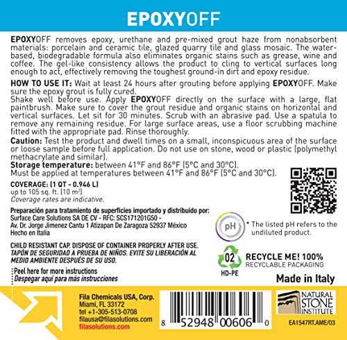 FILA EPOXYOFF, Epoxy Grout Haze Remover, Effectively Removes Epoxy Residue, The Product Can Be Applied on Vertical Surfaces, Gel, 1 QT
