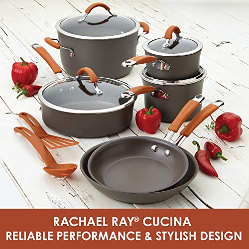 Rachael Ray Cucina Dishwasher Safe Hard Anodized Nonstick Cookware Pots and Pans Set, 12 Piece, Gray with Orange Handles & Kitchen Tools and Gadgets Nylon Cooking Utensils, 2 Piece, Orange