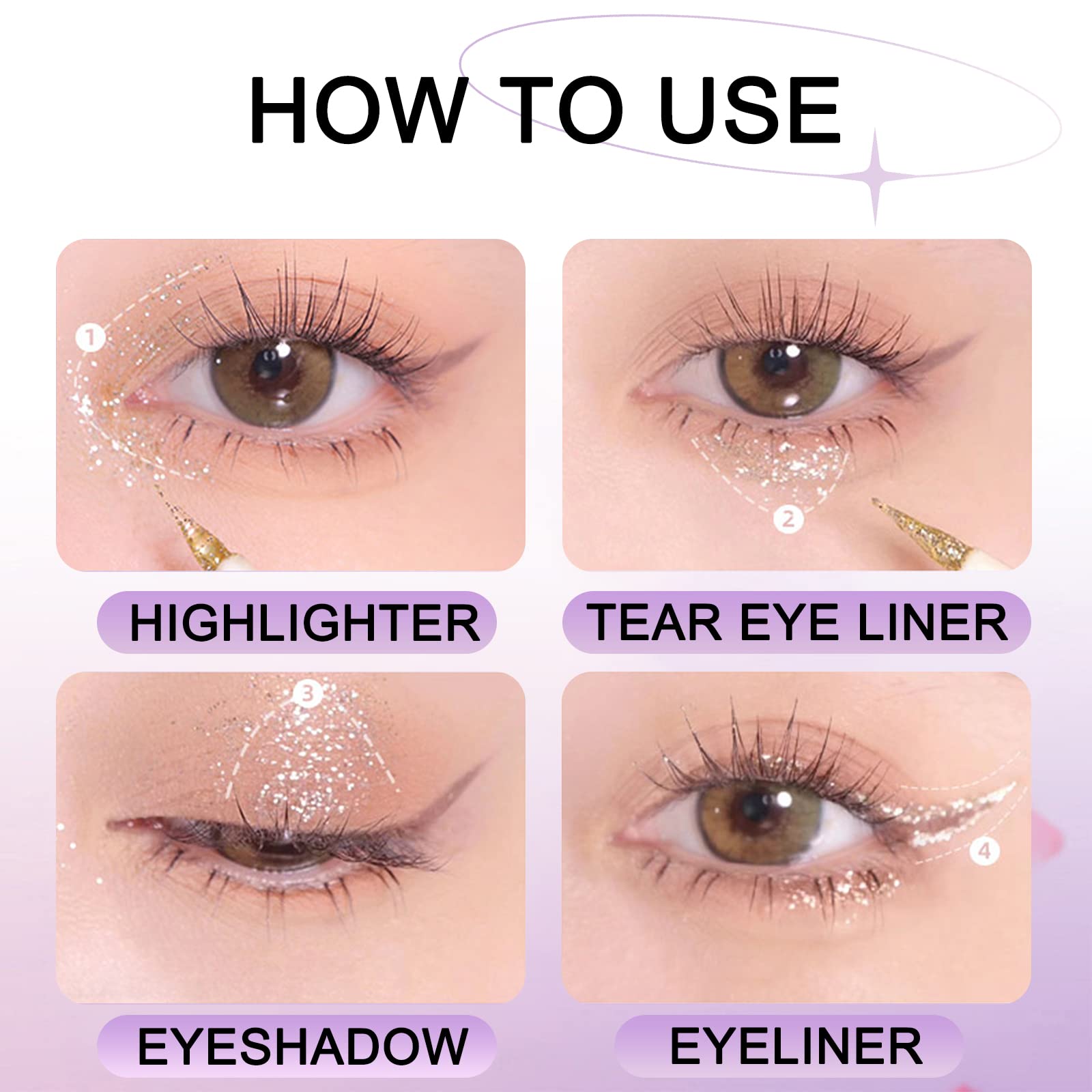 Erinde Liquid Glitter Eyeliner Eyeshadow, Shimmer Metallic Liquid Eye Shadow, Long Lasting, Easy to Apply, Quick Drying, Loose Glitter Glue for Korean Sparkle Tear Drop Makeup, 6PCS