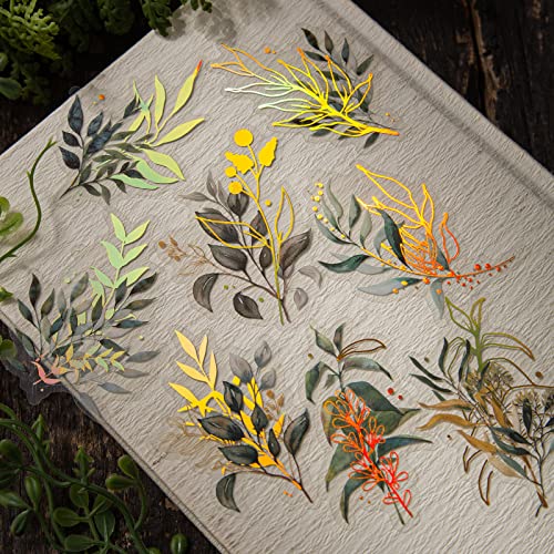 LakoArt 240 Pieces Gold Foil Botanical Stickers with Clear Background, Holographic Flower Eucalyptus Scrapbooking Sticker Floral Decals for Journaling Bullet Journal Planner Card Making DIY Crafts