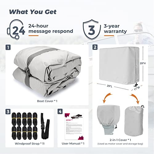 RVMasking 800D 100% Waterproof Boat Cover for V-Hull Runabouts and Bass Boats (16'-18.5'L by up to 98" W, Gray)