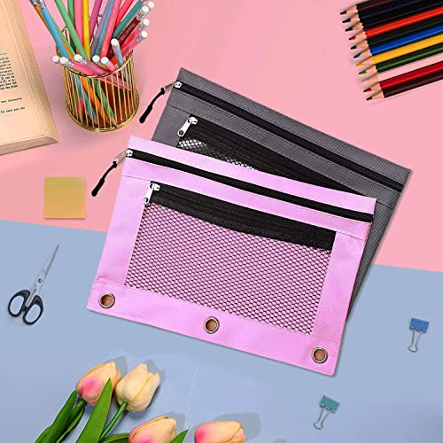 Pencil Pouch for 3 Ring Binder, 2 PCS Double Layer Binder Pencil Case with Zipper Puller, Transparent PVC Mesh Window Oxford Pencil Holder 3 Ring Binder Pencil Cases, Smooth Metal Zipper Pencil Pouches Set for School& Office Supplies