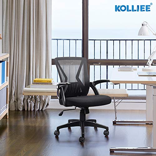 KOLLIEE Mid Back Mesh Office Chair Ergonomic Swivel Black Mesh Computer Chair Flip Up Arms with Lumbar Support Adjustable Height Task Chair