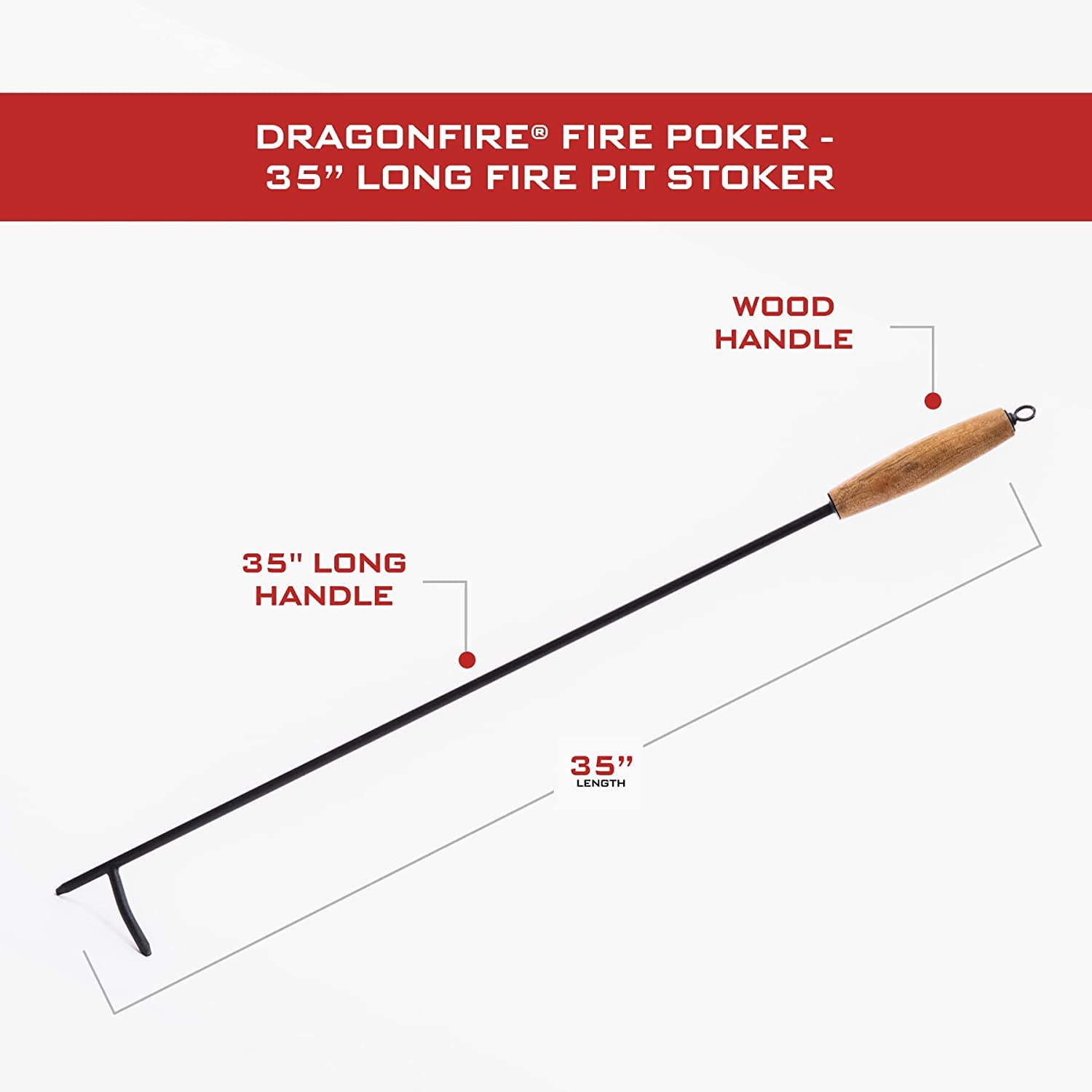 Dragonfire Fire Poker - 35" Long Fire Pit Toker Poker Featuring Wood Handle, Hanging Loop, and One-Piece Steel Construction - Perfect for Open Fires, Campfires, and Stoves
