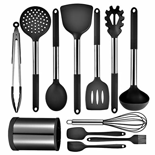 Keidason Kitchen Cooking Utensils Set, 12-piece Non-stick Silicone Kitchen Utensils Set Heat-resistant Stainless Steel Handle,BPA-Free, Kitchen Tool Set (Black)