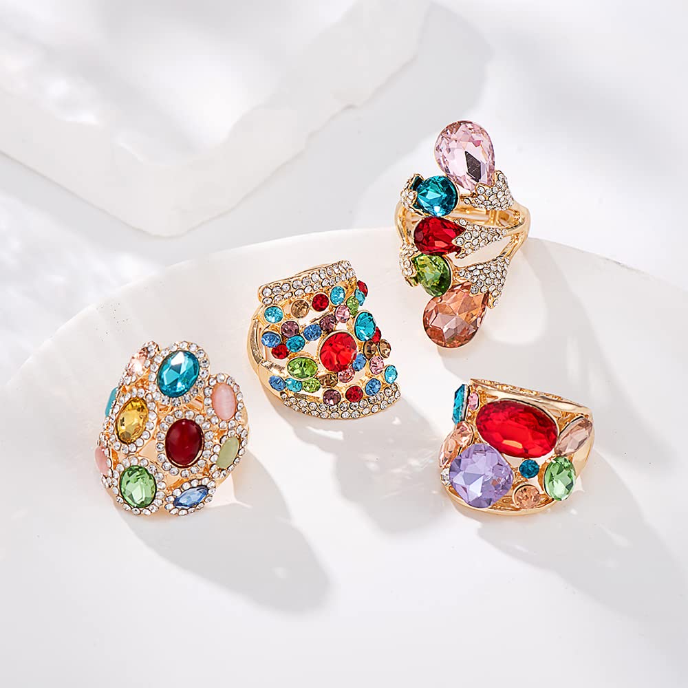 Ecesha 4 PCS/Set Gold Crystal Adjustable Statement Cocktail Rings Set Colorful Rhinestone Irregular Geometric Stretch Rings for Women