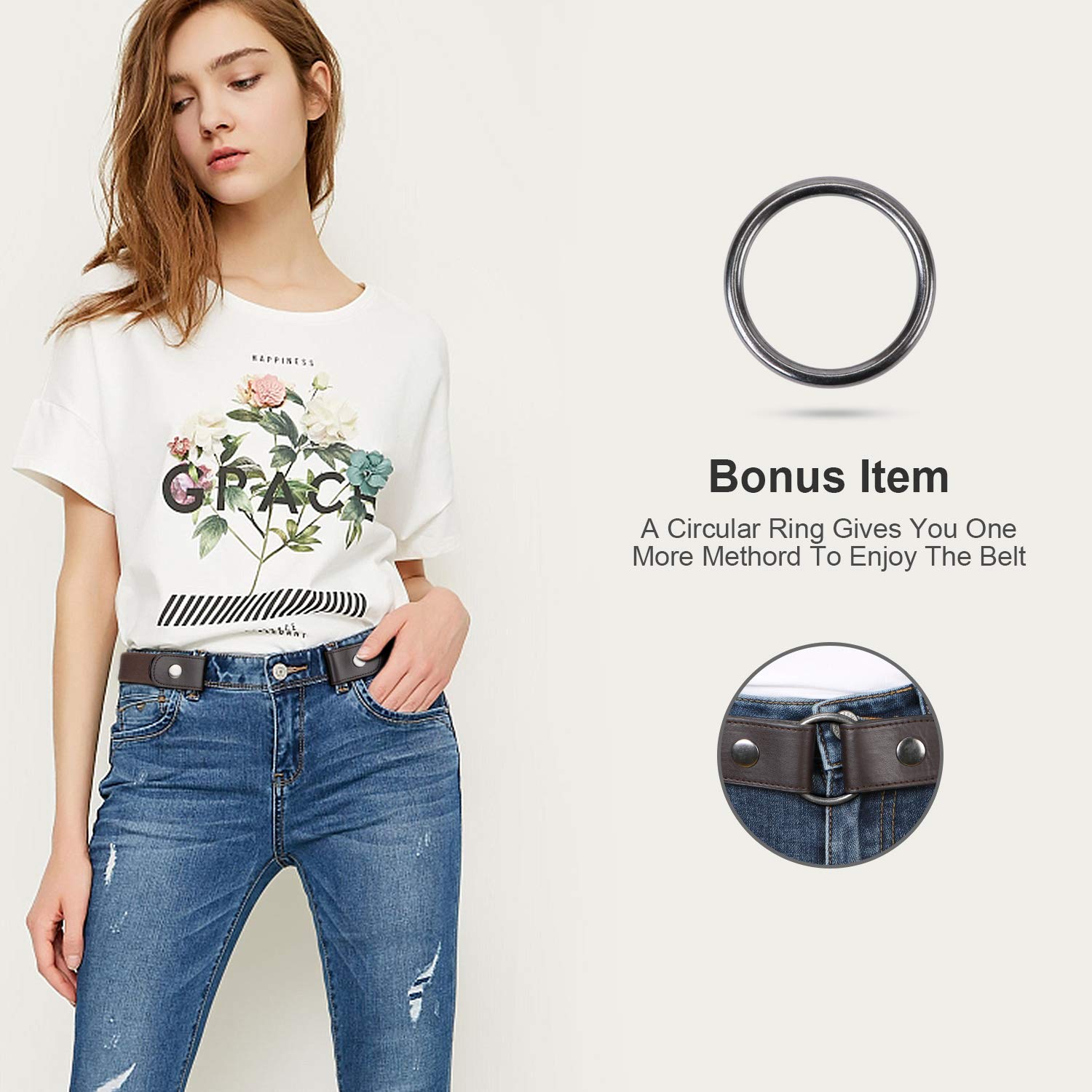 WHIPPY 4 Pieces No Buckle Stretch Women Belt for Jeans Pants, Buckle Free Comfortable Invisible Elastic Belts (Black Khaki Blue Brown, Fit Pants Size 32-48 Inches)