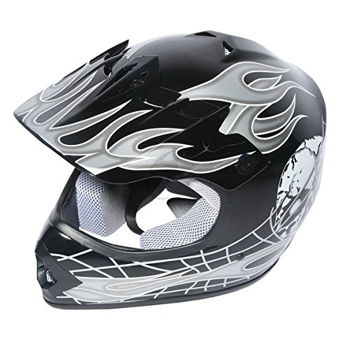 Tengchang DOT Youth Kids ATV Motocross Dirt Bike Black Skull Helmet w/Goggles+Gloves(L)