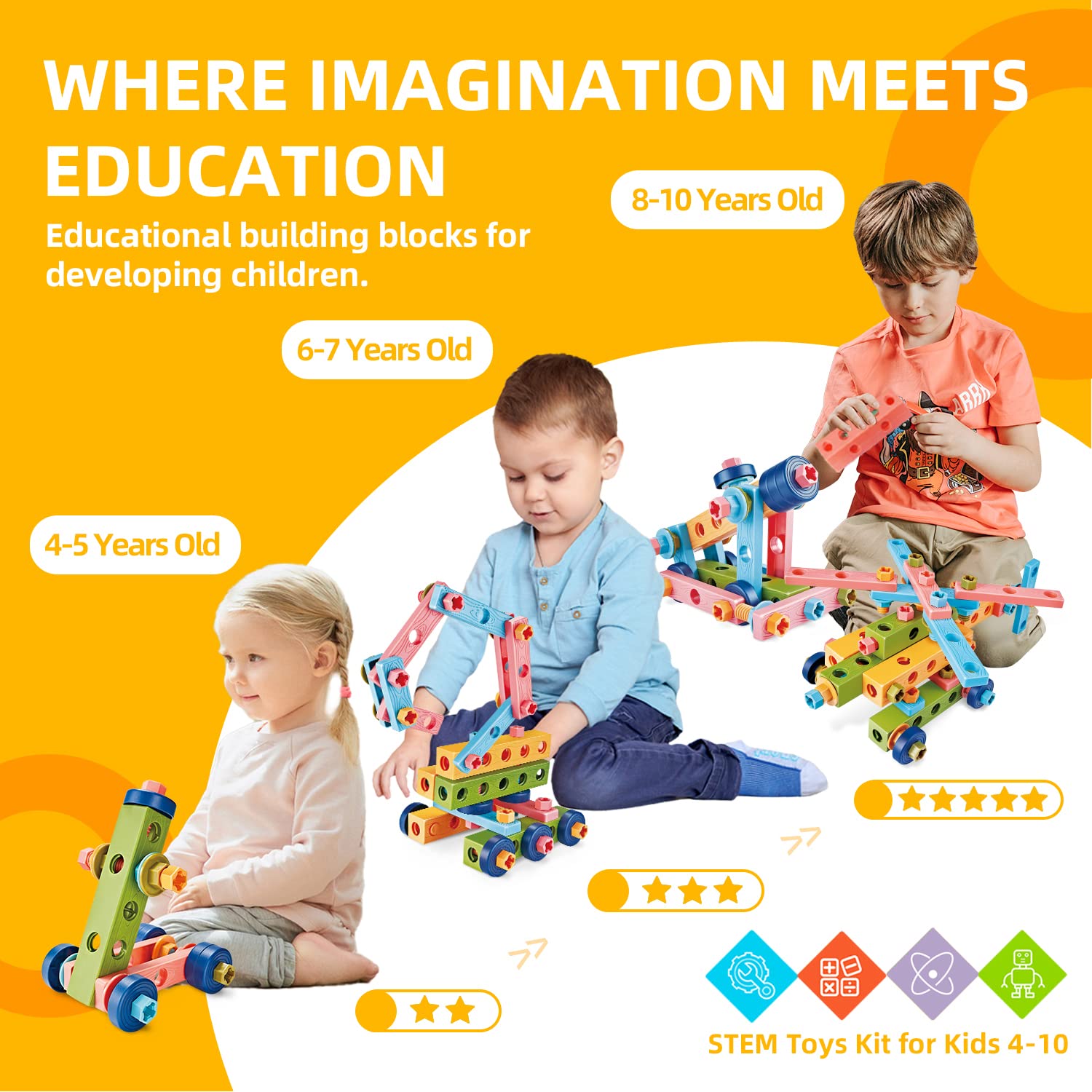 Erector Sets for Kids Ages 4-8, Easy Assembled 163 PCS Building Blocks, STEM Games for 4 5 6 7 8 Year Old Girls Boys Kids, Educational Building Toy STEM Kits with Tools, Design Guide, Storage Bin