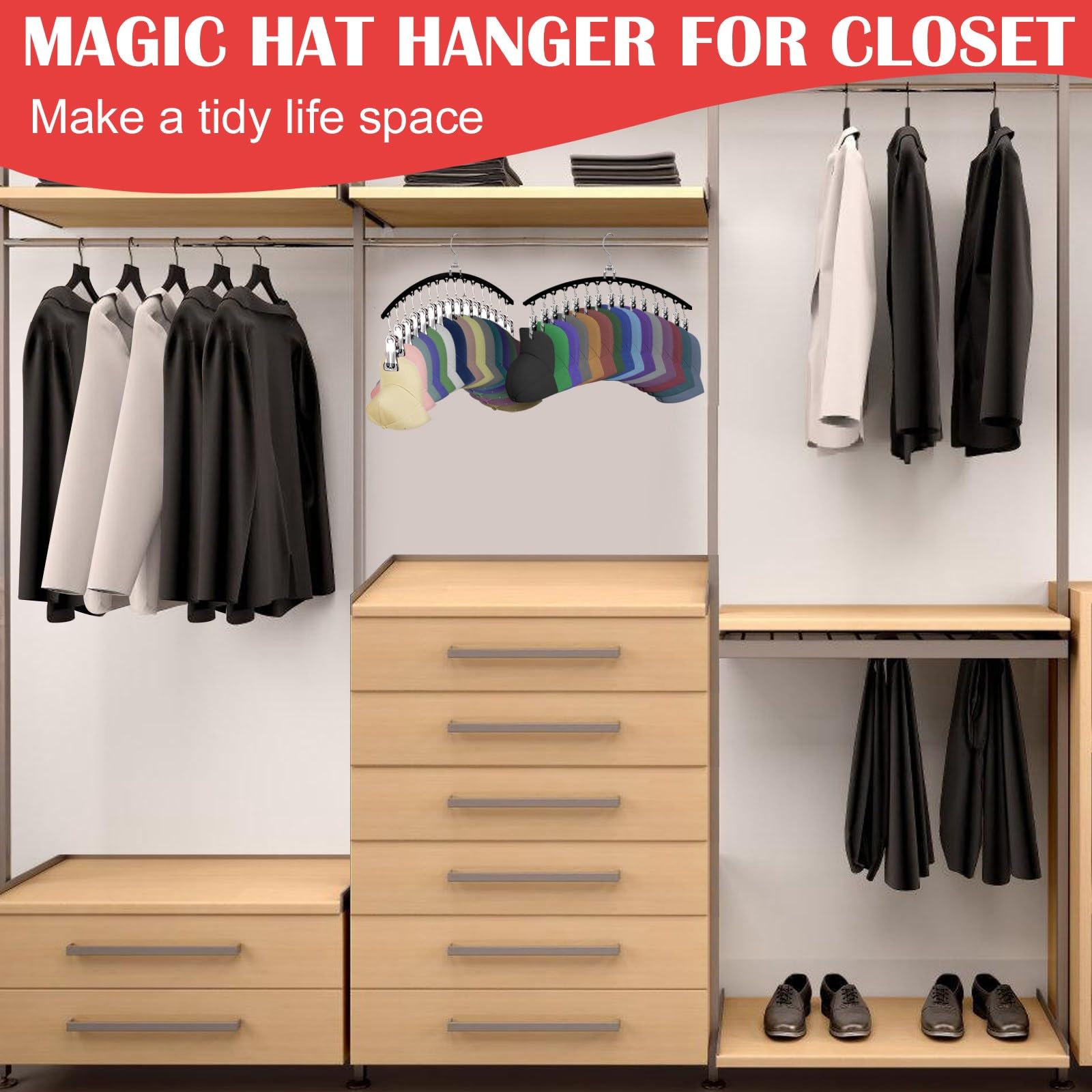 NAKBINX Hat Hanger for Closet, 2 Pack Metal Hat Organizer for Baseball Caps, 360° Rotation Hangers Space Saving with 30 Rubber Coated Clips, Foldable Hat Rack, Organizer&Display for Legging/Pant