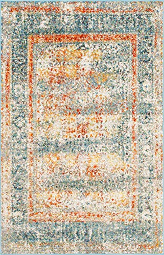 Unique Loom Rosso Collection Vintage, Traditional, Bohemian, Border, Distressed, Southwestern Area Rug, 4' 0" x 6' 0", Blue/Ivory