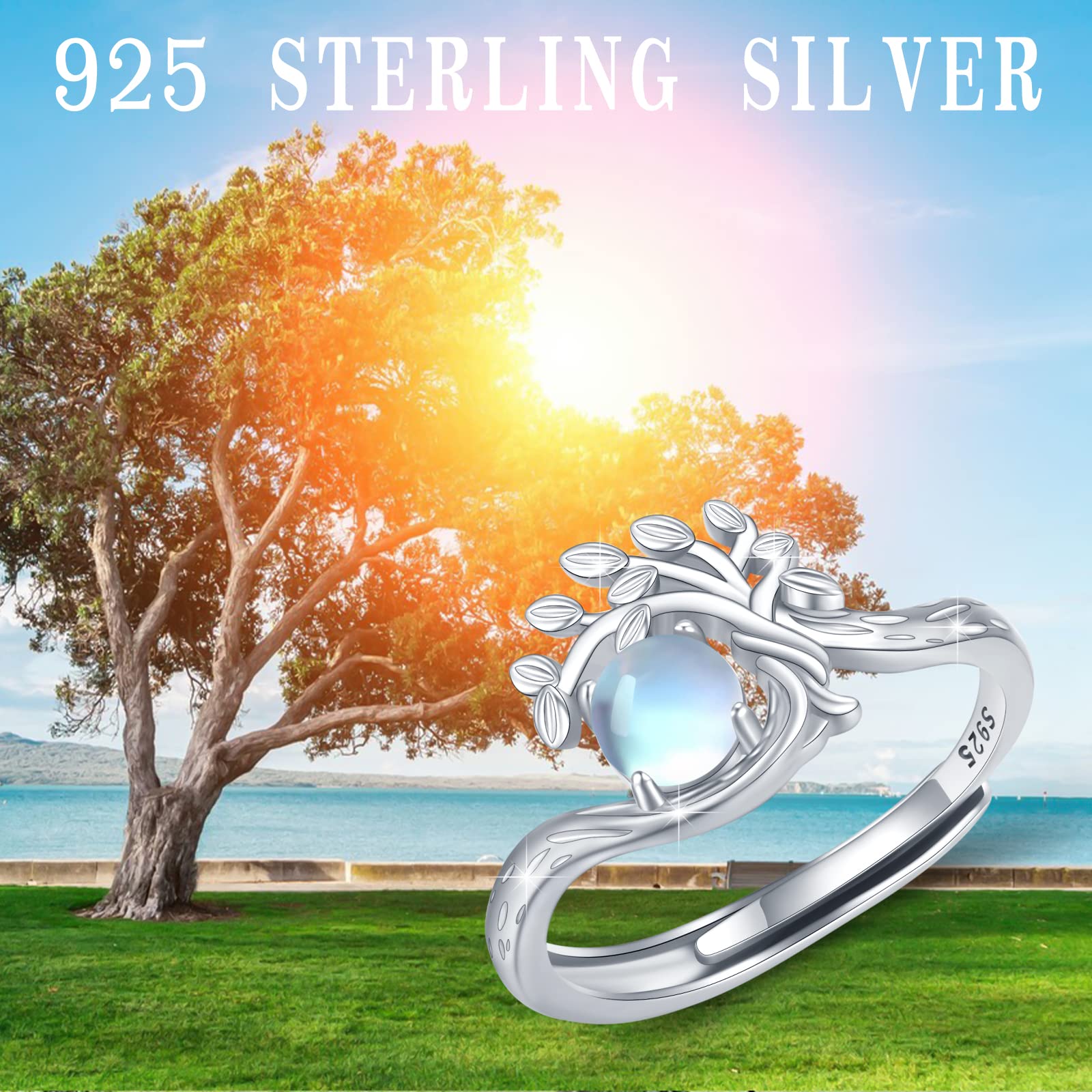 ECHOOY Moonstone Ring S925 Sterling Silver Tree Of Life Ring Moonstone Ring for Women Wrap Rings Promise Engagement Wedding Rings Size 8