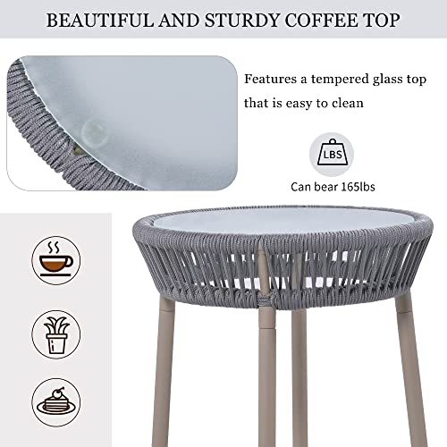 KELRIA Woven Rope Conversation Set, Rattan Couch Sofa Including 2 Single Chairs and Coffee Table, Suitable for Indoor, Outdoor, Balcony, Courtyard, Poolside, Lawn, Backyard, Gray, Gary