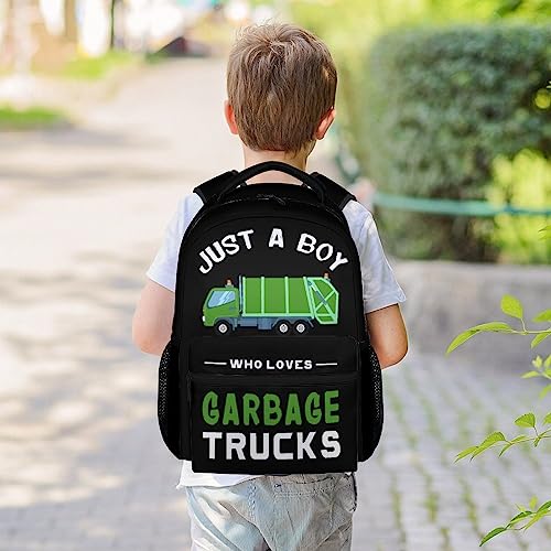 Mercuryelf Just a Boy Who Loves Garbage Trucks Backpack for Student, 16 Inch Black Backpacks for School, Cool Lightweight Bookbag for Kids