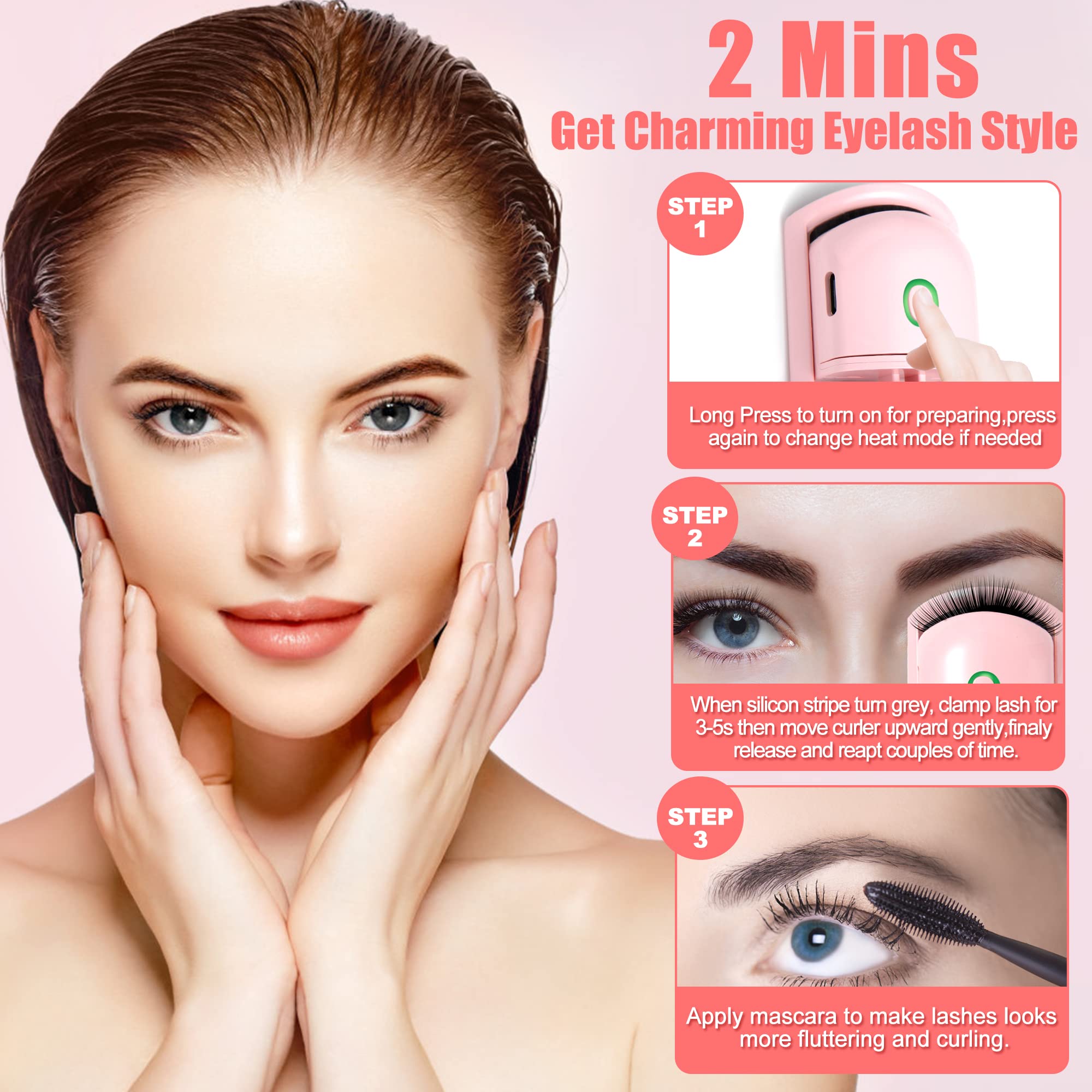 Heated Eyelash Curler, Eye Lash Curler, USB Rechargeable Electric Eyelash Curlers, 2 Heating Modes Quick Charging Natural Curling Eye Lashes for Long Lasting Pink