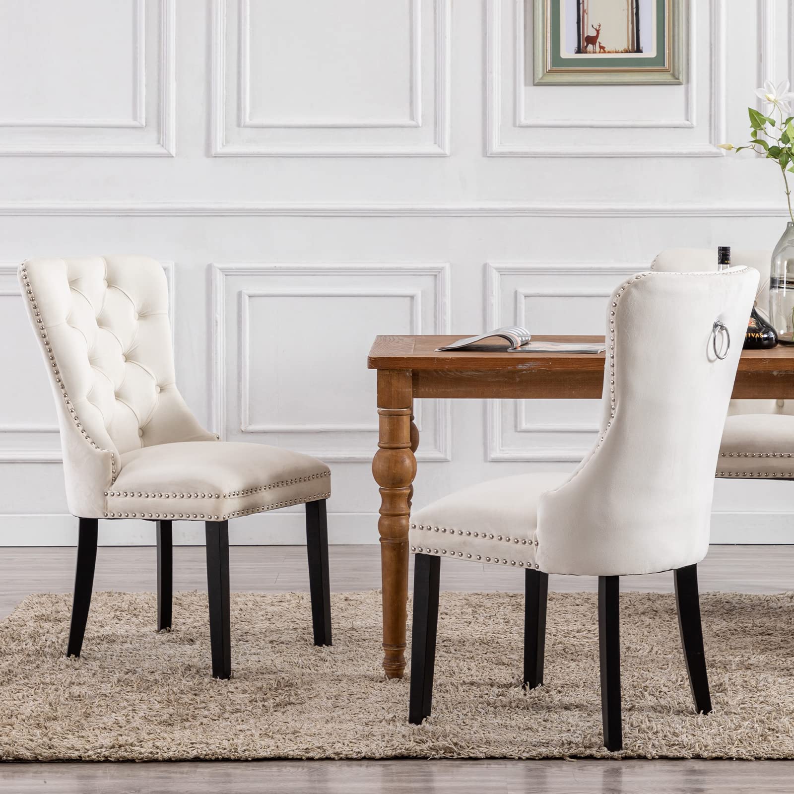 chairus Dining Chairs Set of 2 with Tufted High Back, Velvet Upholstered Dining Room Chairs Modern Elegant Nailhead Trim Ring Pull - Gray 2PCS