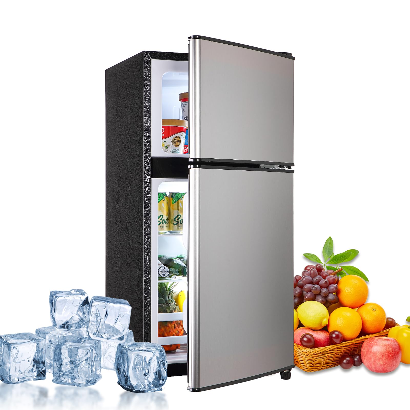 Kazigak 3.5 Cu.Ft Mini Fridge with Freezer, Double Door, Small Refrigerator,7-Level Adjustable Thermostat, Quiet Mini Fridge for Bedroom, Dorm, Office, Apartment Silver