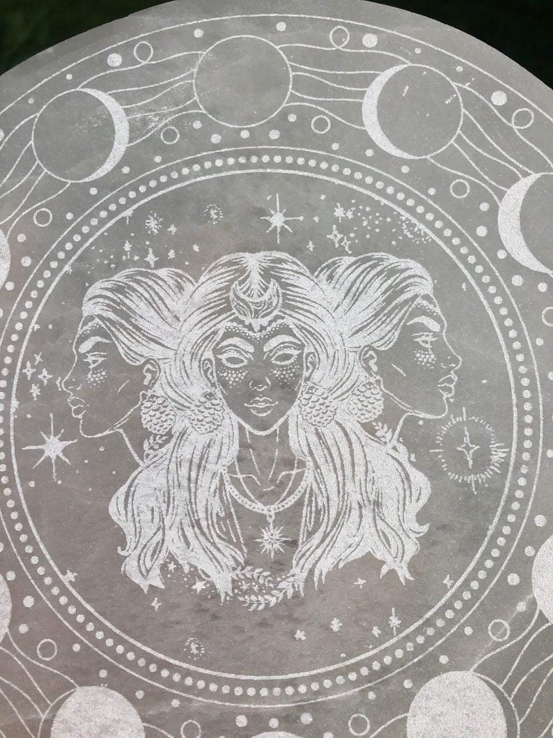 CrystalsAhoy Ethically Mined 6" Etched Selenite Charging Plate, Etched with Hecate, Goddess Charging Station, Etched in Appleton, WI USA