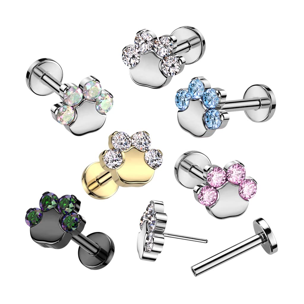 Dynamique Implant Grade Titanium Threadless Push In Labret With CZ Paw Top (Sold Per Piece)