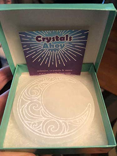 CrystalsAhoy Ethically Mined, Locally Etched 3" Selenite charging plate etched with crescent moon design, Ethically Sourced Selenite Etched in the USA