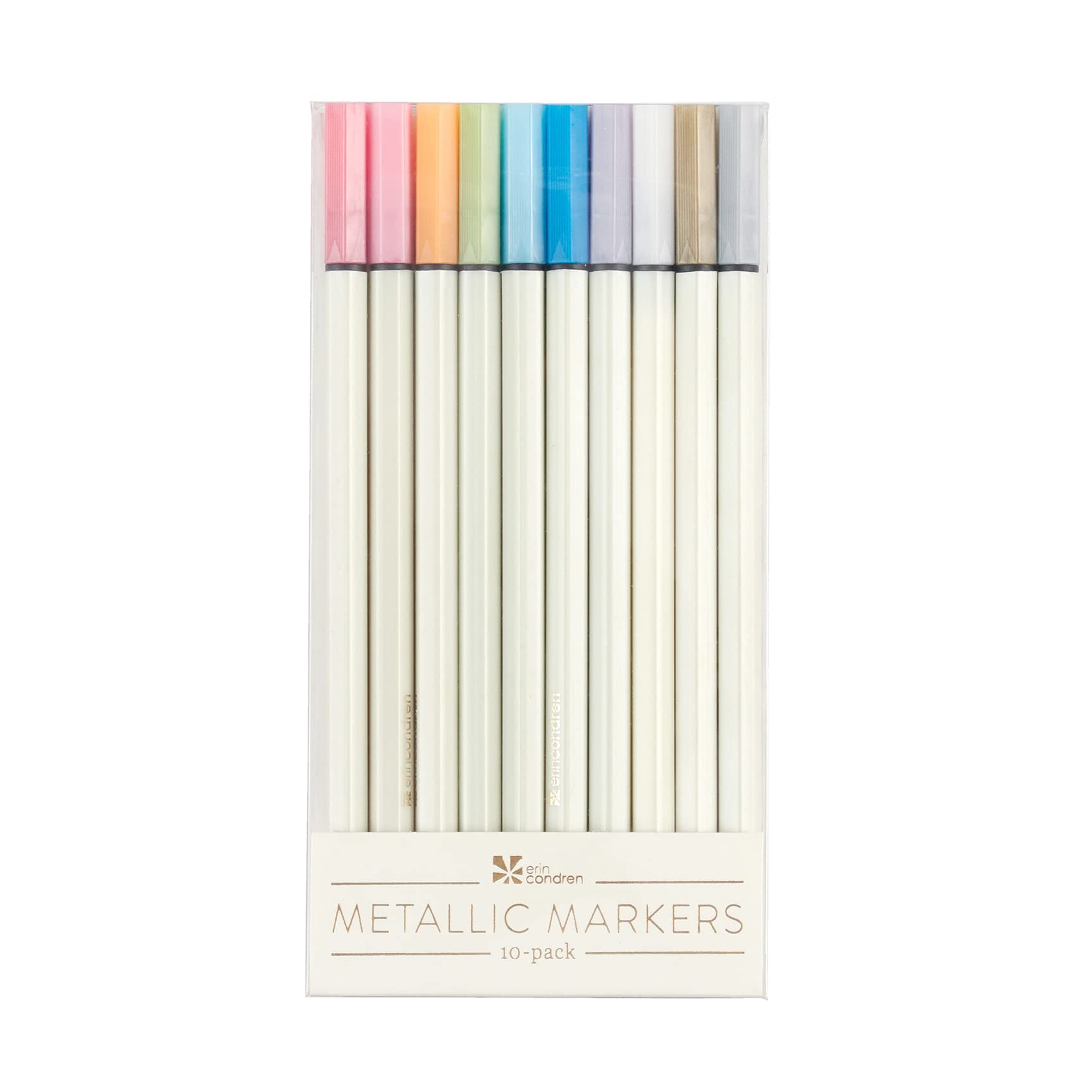Erin Condren Set of 10 Premium Metallic Markers. Colors - Hot Pink, Dark Coral, Orange, Green, Royal Blue, Navy, Purple, White & Silver. Writing and Drawing Markers