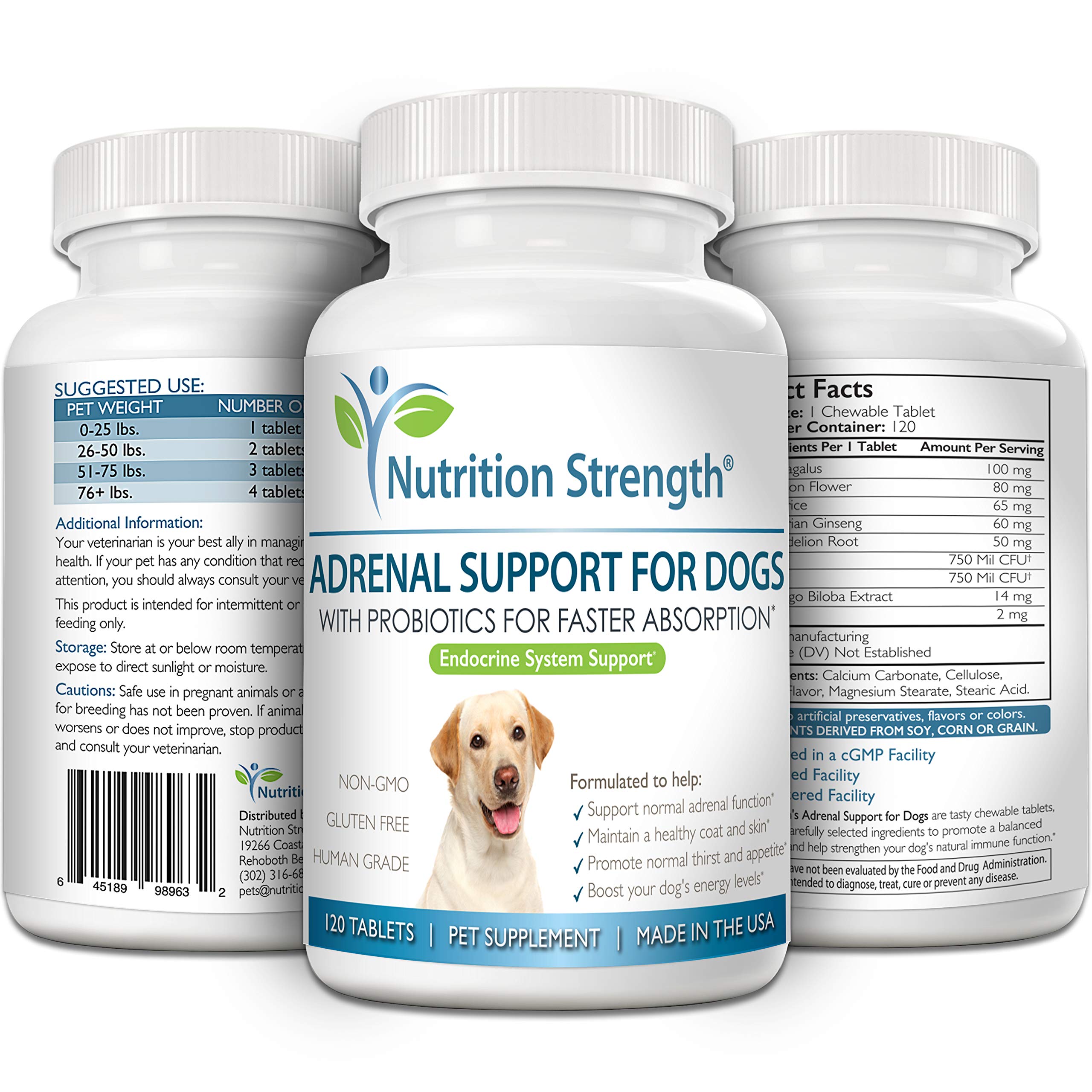Nutrition Strength Adrenal Support for Dogs, Support for Dogs with Cushing's Disease, Maintain a Healthy Coat and Skin, Promote Normal Urination, Thirst and Appetite, 120 Chewable Tablets