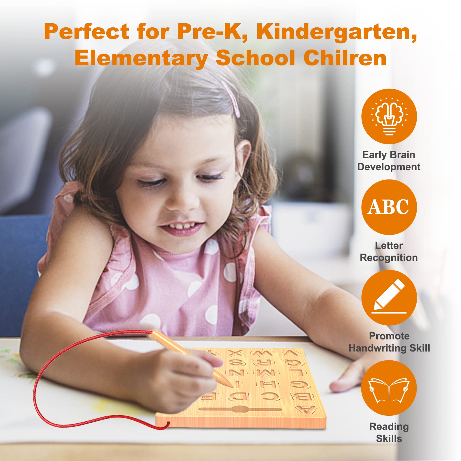 Drek Crek Wooden Letters Practicing Board, Wooden Alphabet Tracing Board Double-Sided Toddlers and Preschool Learning Toys Learning to Write ABC for Kids Ages 3-5