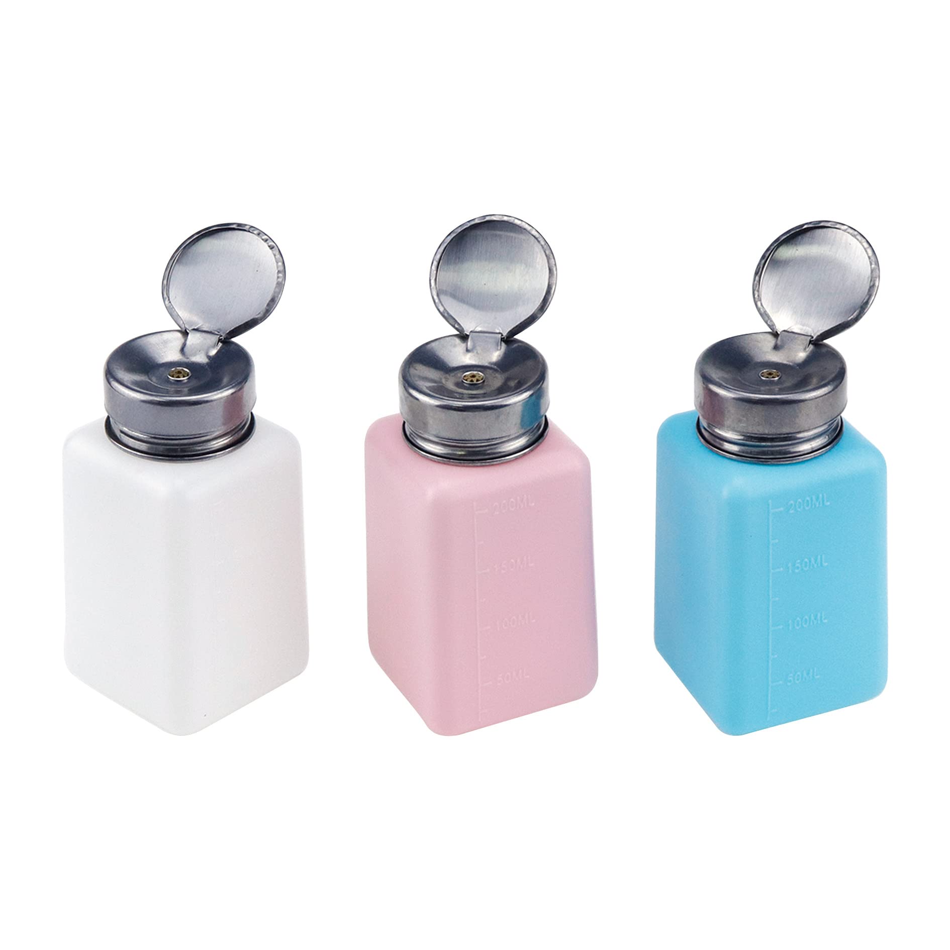 Crapyt Push Down Liquid Press Pumping Refillable Empty Pump Bottle 3 Pack(Each of Blue, Pink, and White) Push Down Dispenser 2.09"×2.09"×4.02"
