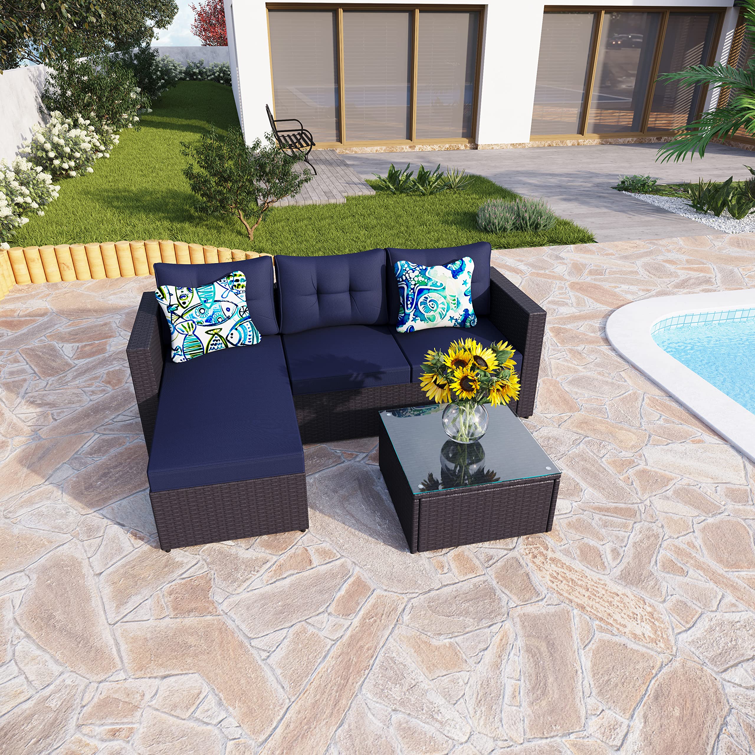 PHI VILLA Outdoor Patio Conversation Set Rattan Sectional Sofa- Small Wicker Patio Furniture Bistro Set 3-Piece, Blue