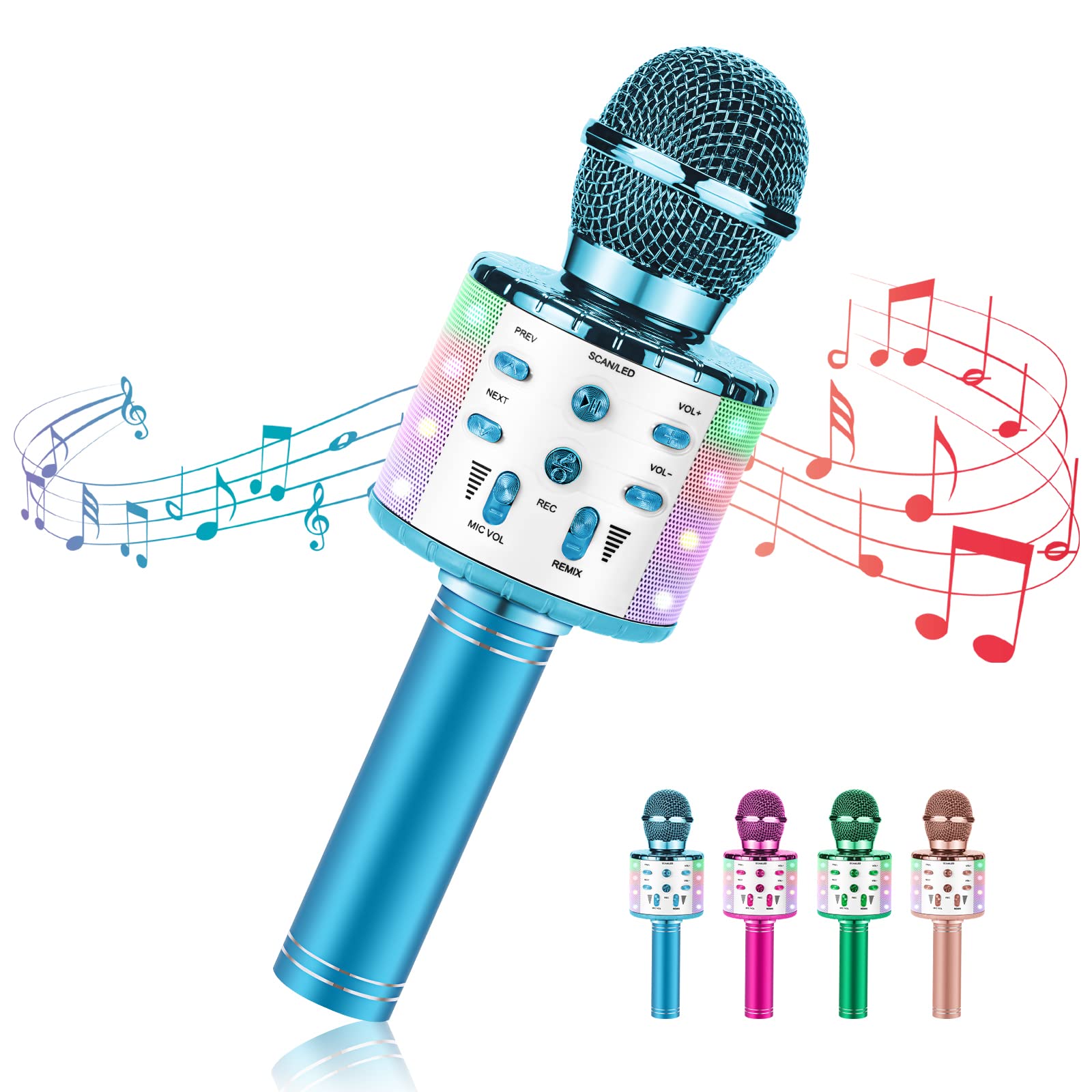 Ecokra Wireless Microphone,Karaoke Bluetooth Microphone with LED Lights 3 in 1 Portable Handheld Wireless Mic Speaker Home KTV Machine Support iOS Android, Microphone Toys Gifts for Kids(Blue)