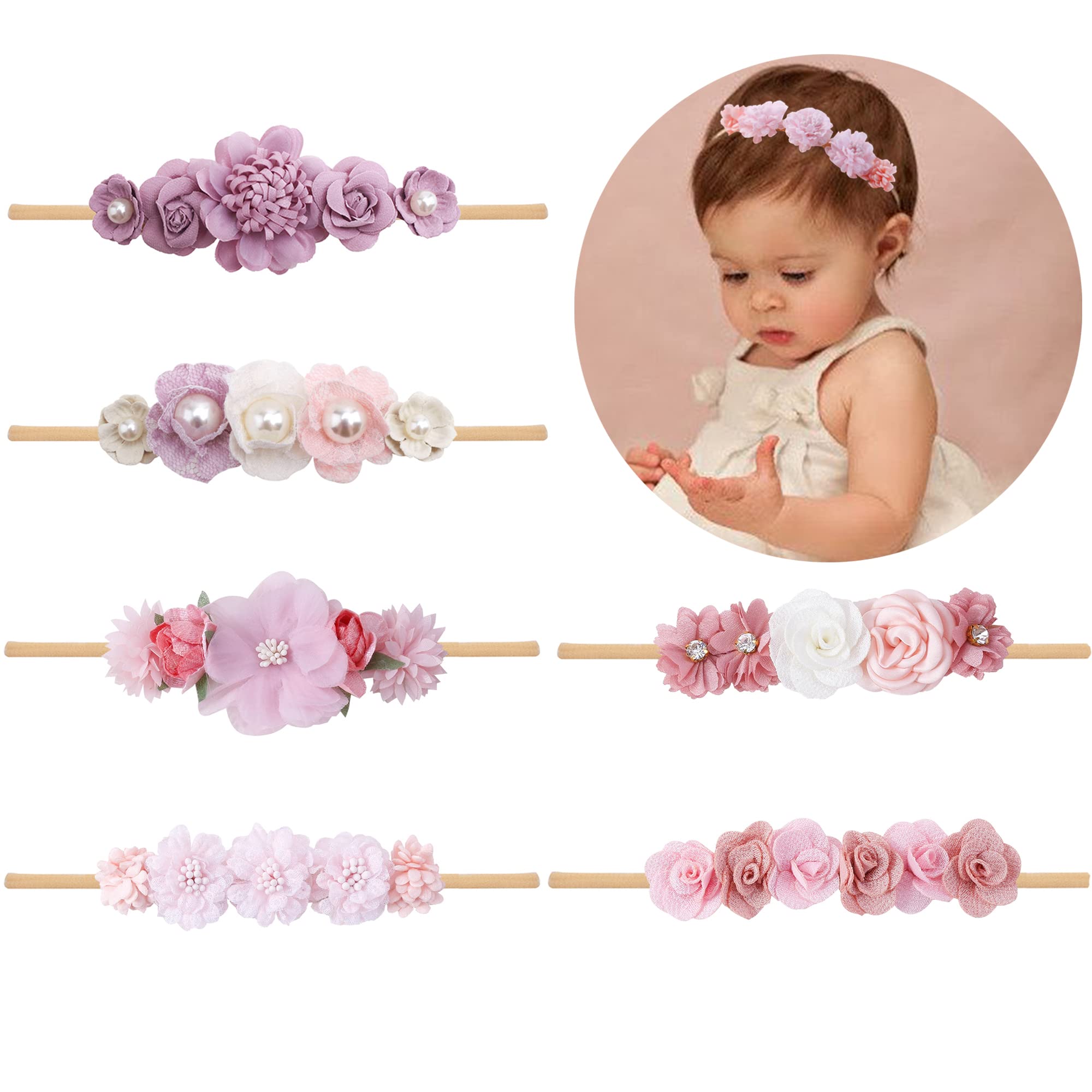 NUWAJP Baby Girls Headbands Flower Headband 6 Pcs Nylon Elastic Headbands Newborn Hair Bows Hair Accessories Gifts for Infant Toddlers Kids