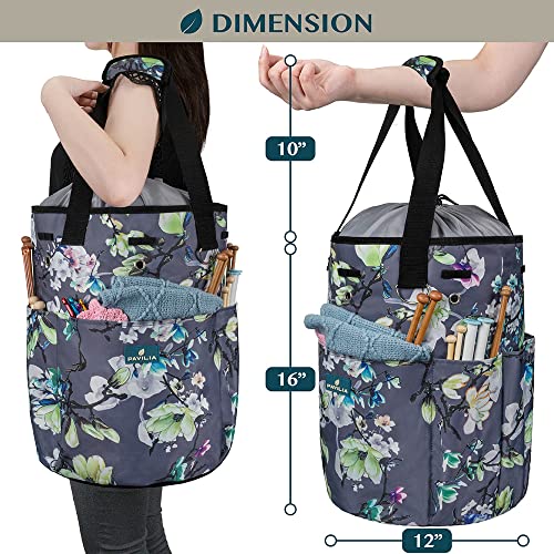 PAVILIA Knitting Bag Crochet Organizer Bag, Yarn Storage Tote, Knitting Accessories Supplies, Yarn Holder for Knitting with Grommets, Needles Hooks Essentials, Crochet Project Case (Floral Gray)