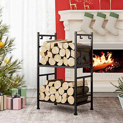 Firewood Rack, 2 Tiers Fireplace Tool Rack Wrought Iron Firewood Log Storage Rack Holder for Indoor Outdoor Fireplace, Fire Pit, Stove (Deers)
