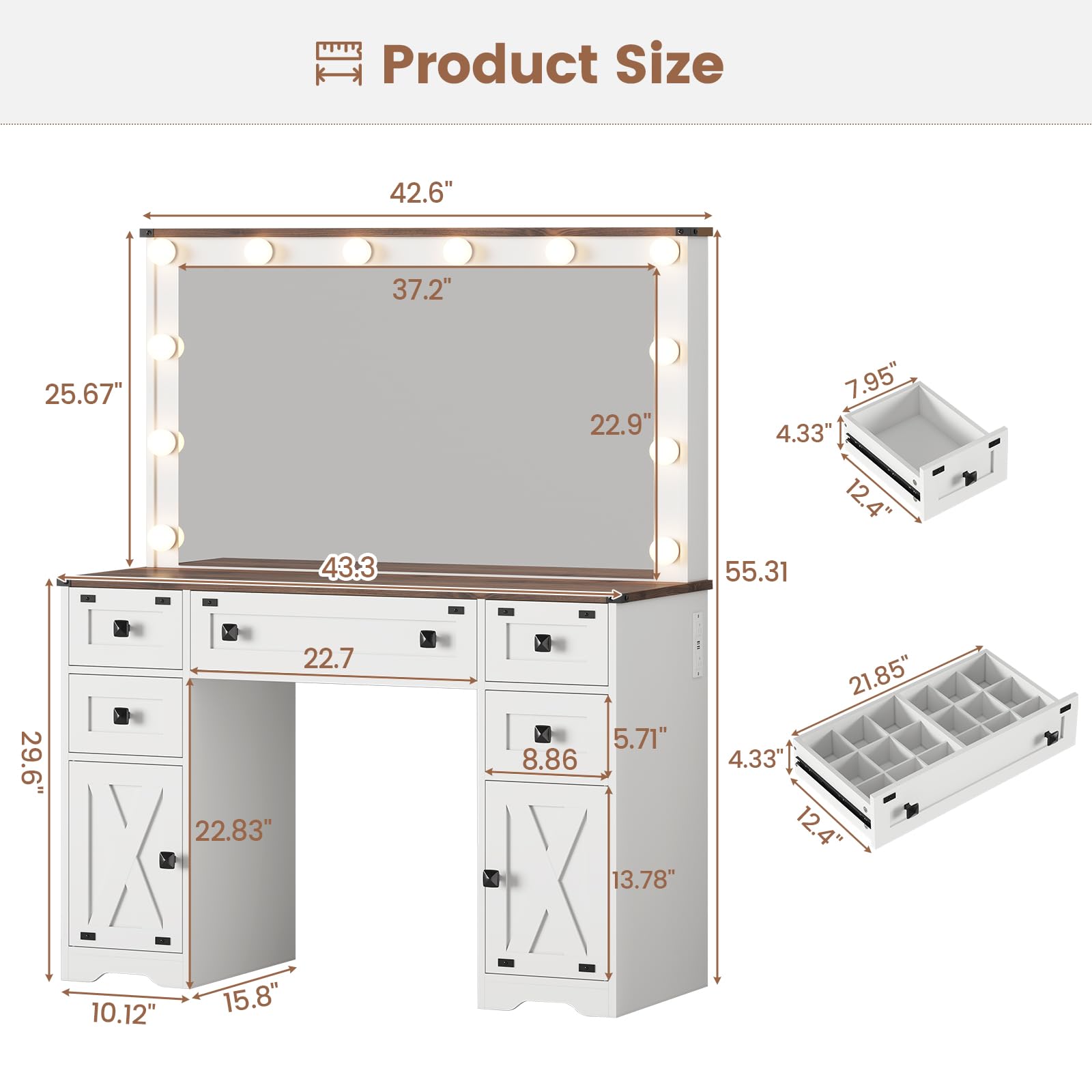 Hasuit Farmhouse Vanity Desk with LED Lights Mirror & Power Outlet 43'' Makeup Vanity Table with 5 Drawers & 2 Cabinets, Dressing Table for Bedroom,3 Color Lighting Modes Adjustable Brightness,White