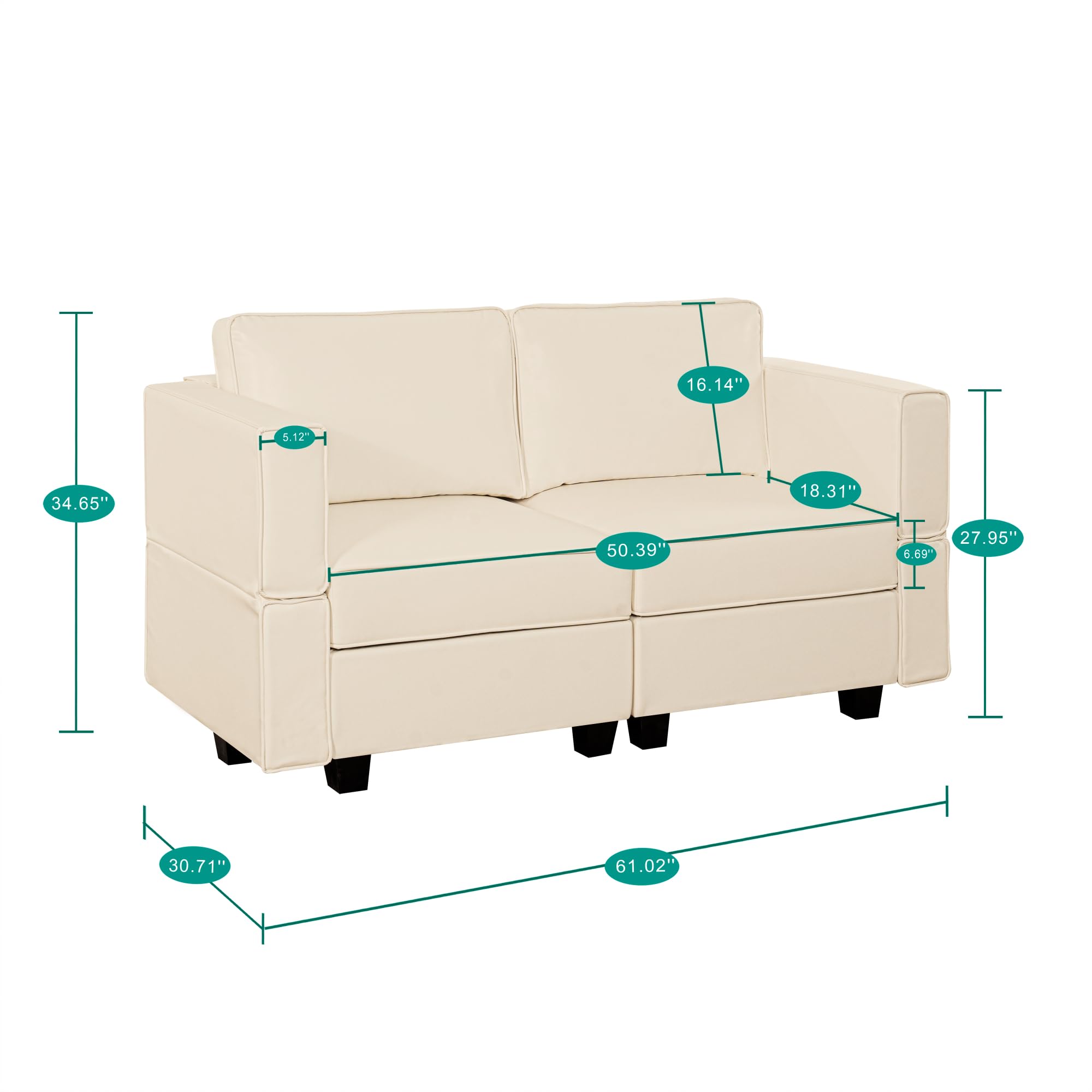Naomi Home Sarah Modular Loveseat Sofa Couch with Storage Seats Air Leather 2 Seater Love Seats for Small Spaces, White