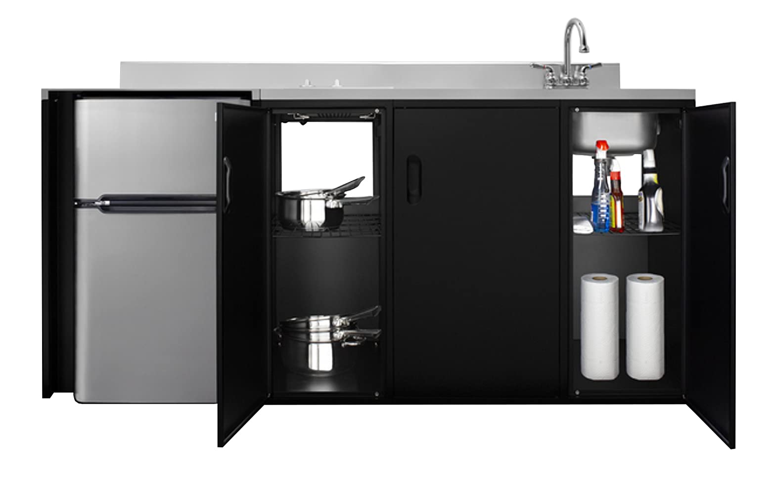 Summit Appliance CK72ADASINKR 72 Wide All-In-One Kitchenette, ADA Compliant, Sink and Faucet, 2-door Refrigerator-freezer, 2-burner Smooth-top Cooktop, Indicator Lights, Storage Compartments,Black
