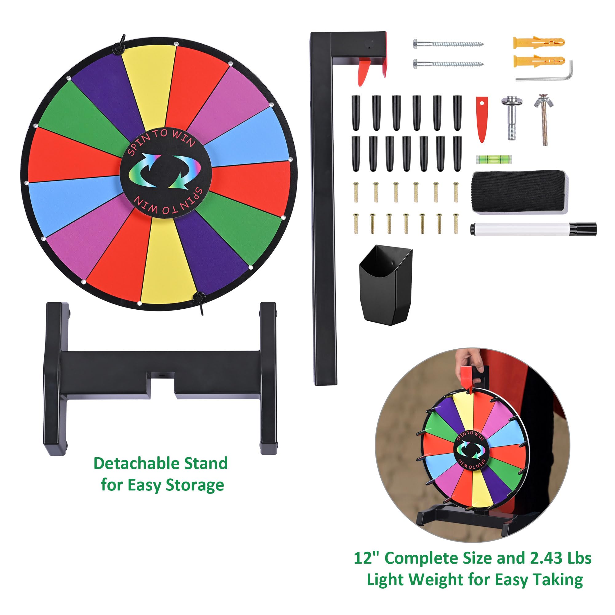 WinSpin 12" Color Prize Wheel Tabletop 14 Slots Heavy Duty Editable Spinning Wheel for Fortune Spinning Game Carnival & Tradeshow, Classic Series
